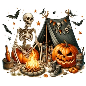 Skeleton Camping Halloween Clipart PNG 14 Spooky Campfire Scene With ...