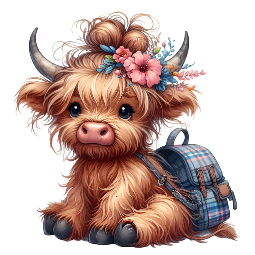 15 Highland Cow PNG Clipart Cute Cow With Flower Crown and Backpack ...