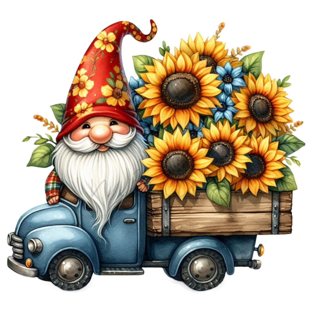 15 Gnome With Sunflowers PNG Clipart – Cute Gnome Driving Blue Truck ...