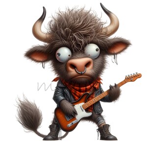 10 Rockstar Highland Cow Clipart PNG | Cute Cow With Guitar and Leather ...