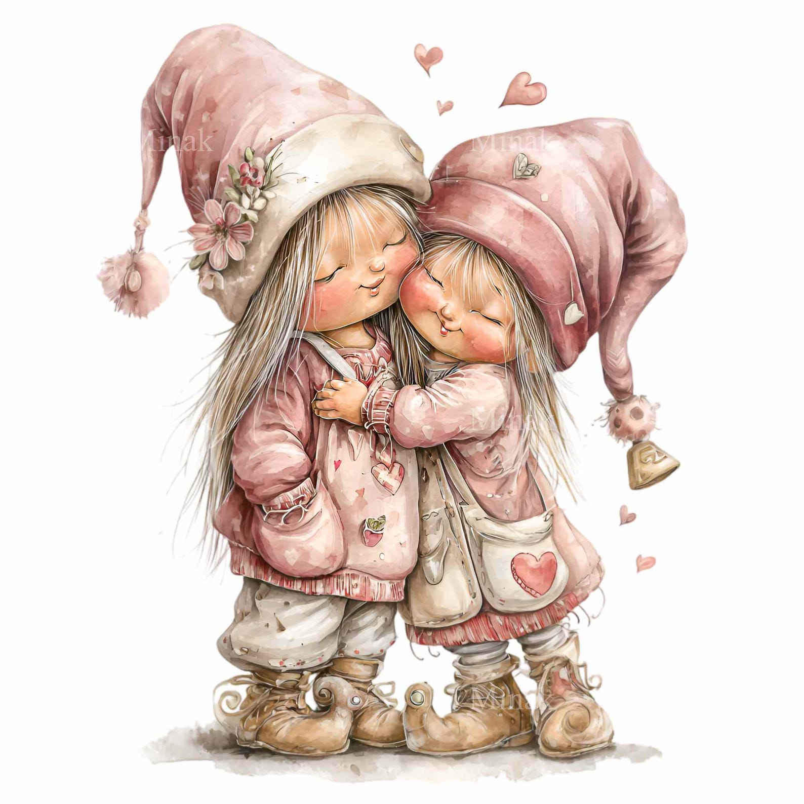 15 PNG Gnome Couple Clipart, Watercolor Love Gnomes Hugging Hearts ...