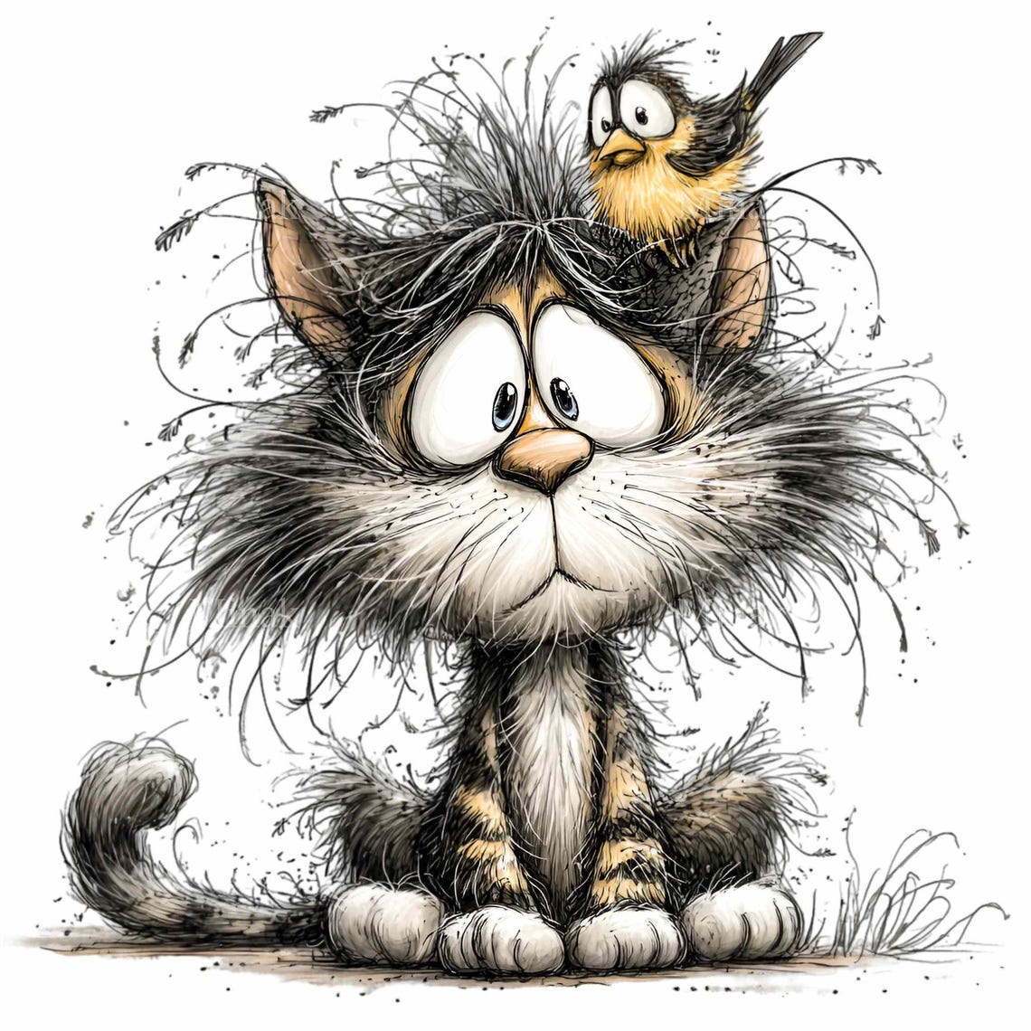 15 PNG Funny Cat Clipart – Cute Scruffy Cat PNG With Bird – Humorous ...