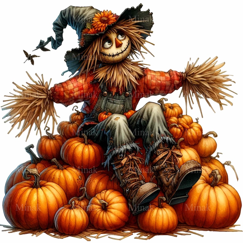 15 PNG Autumn Scarecrow Clipart, Fall Pumpkin Crow Harvest Season - Etsy