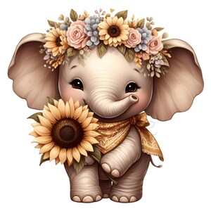 12 Sunflower Elephant PNG Clipart – Cute Baby Elephant in Overalls With ...