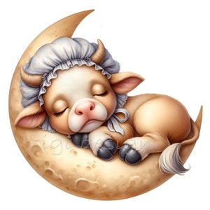 12 PNG Sleeping Calf Clipart – Baby Cow on Moon PNG – Nursery Animal ...