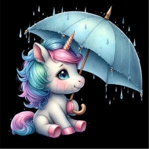 12 PNG Rainy Day Unicorn PNG – Pastel Rainbow Unicorn With Umbrella – Cute School Clipart for ...