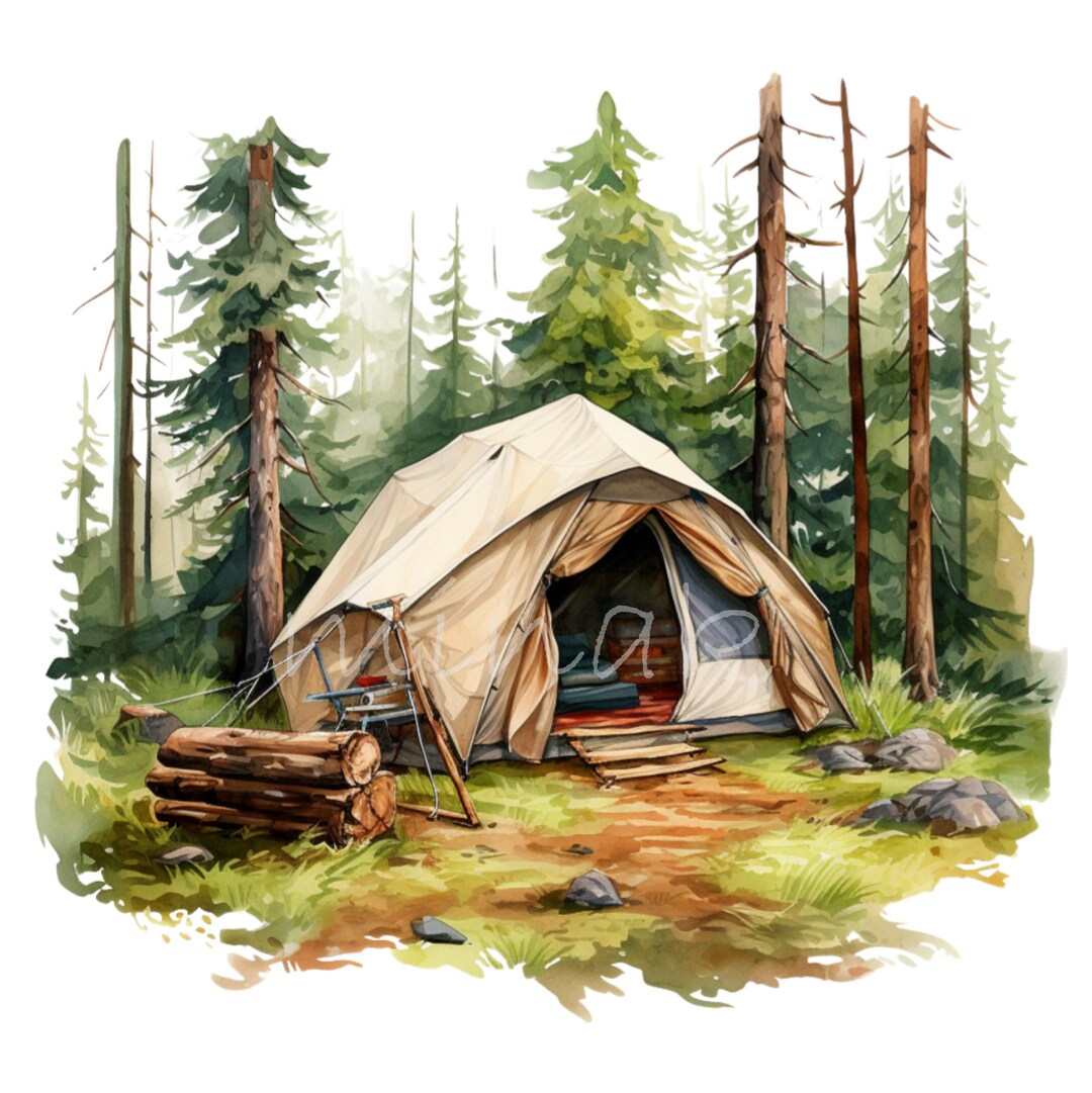 10 Rustic Camping Tent PNG Clipart, Forest Camp Scene Watercolor Art ...