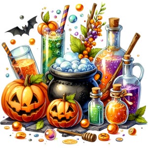Bubbling Halloween Potions With Skulls and Pumpkins Watercolor Clipart ...