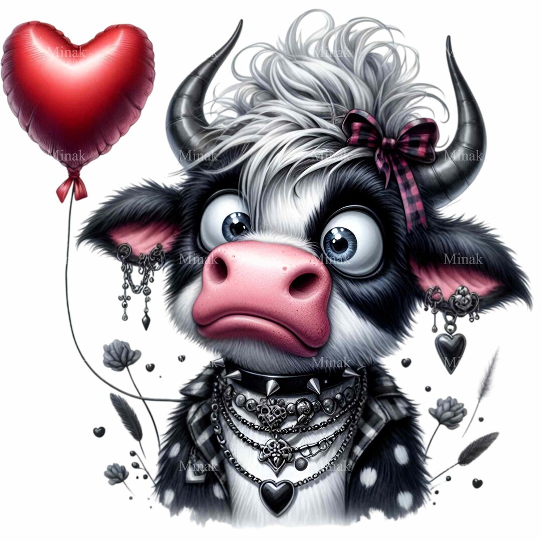 12 Punk Cow PNG With Heart Balloon Clipart PNG, Whimsical Gothic Animal ...
