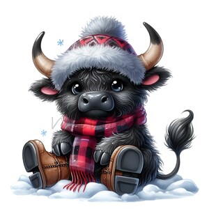 Adorable Winter Highland Cow Clipart | Black Cow in Snow Illustration ...