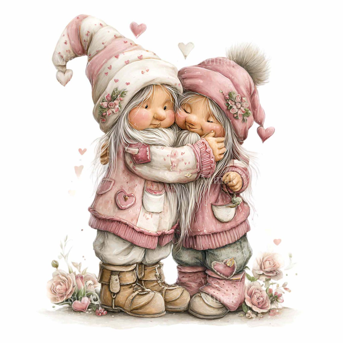 15 PNG Gnome Couple Clipart, Watercolor Love Gnomes Hugging Hearts ...