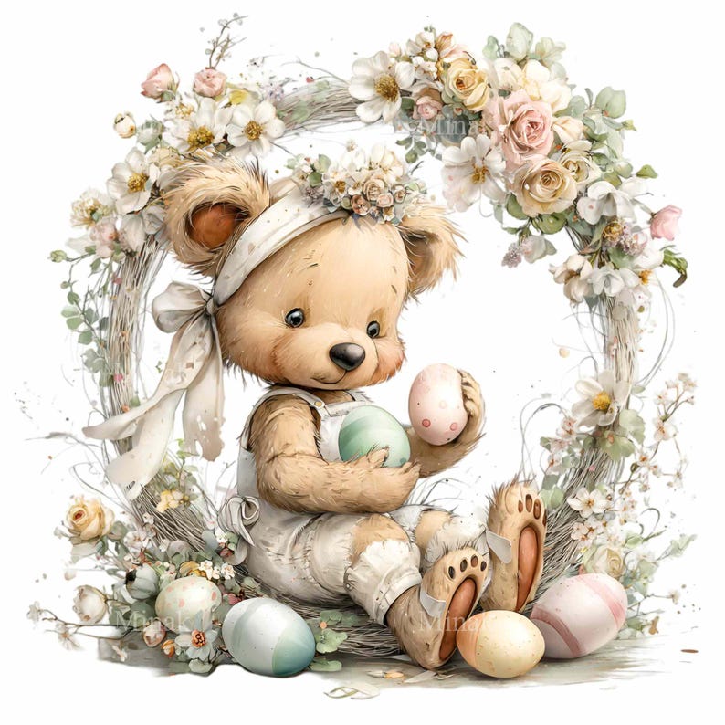 15 PNG Easter Bear, Floral Clipart With Eggs, Spring Nursery Animal ...