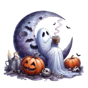 Spooky Halloween Ghost Clipart With Pumpkins and Lantern on Porch 14 ...