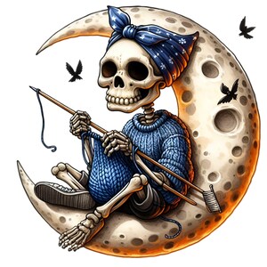 Knitting Skeleton on Crescent Moon Clipart PNG 14 Spooky Crafting in ...