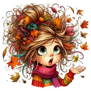 Funny Girl Fall Leaves Autumn 14 PNG Graphics Cartoon Illustration ...