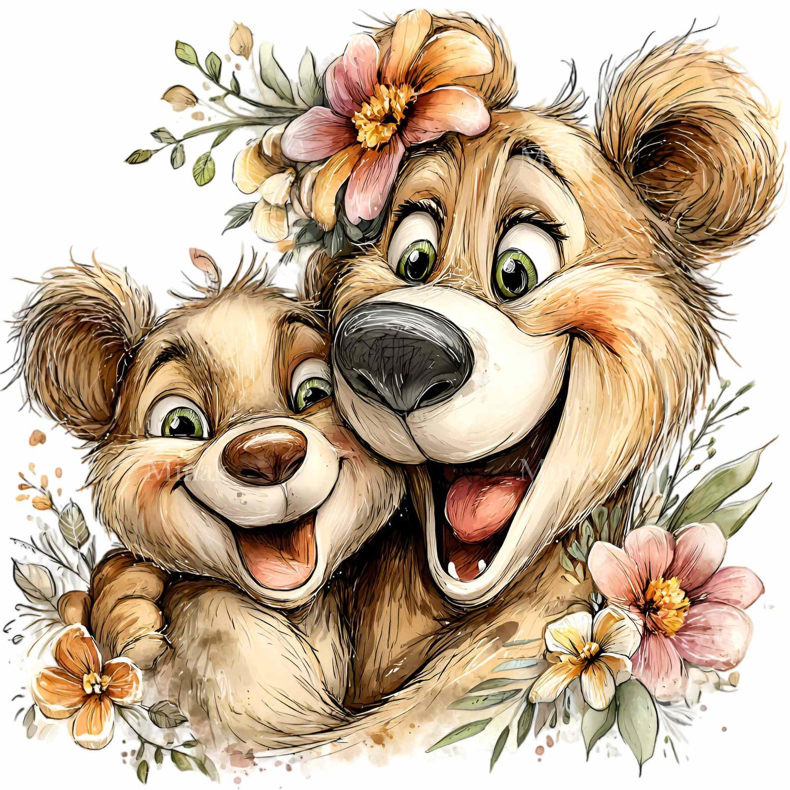 10 PNG Mother and Baby Bear Clipart – Cute Floral Bear Illustration ...