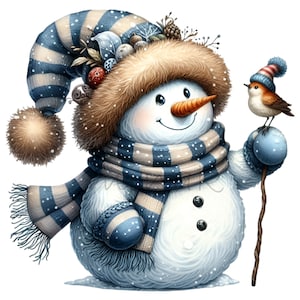 Cute Snowman Clipart With Bird, Winter Hat and Scarf Illustration, 14 ...