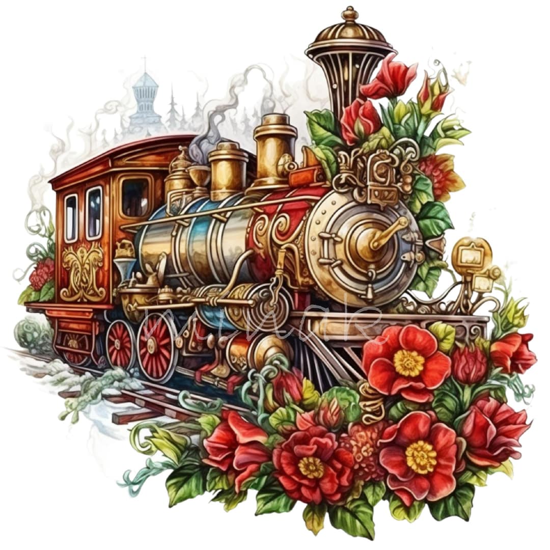 Vintage Steam Train PNG Clipart, 15 Floral Steam Engine Illustration ...