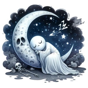 Spooky Halloween Ghost Clipart With Crescent Moon, Bats, and Stars 10 ...