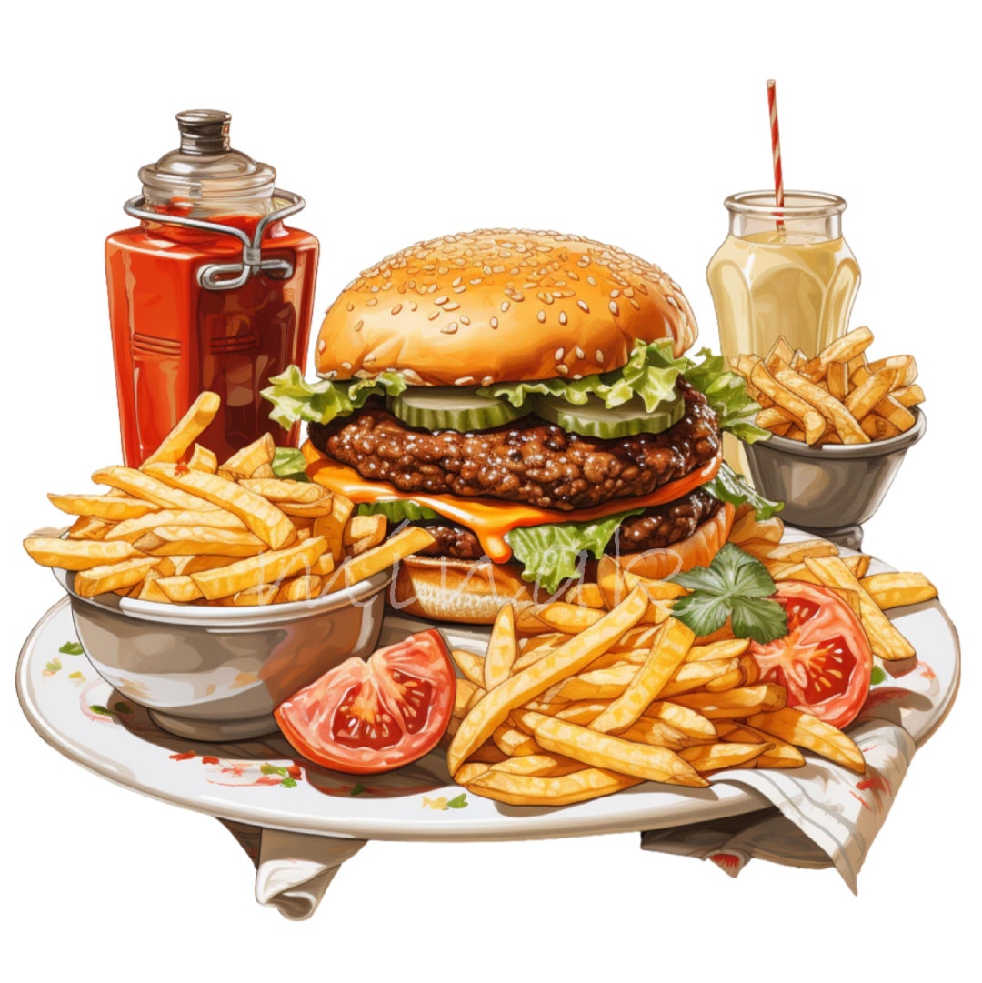 Burger and Fries Clipart Set 15 PNG Files Realistic Fast Food ...