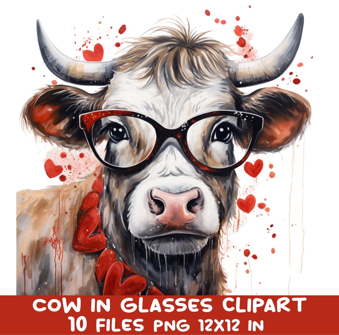 Cow in Glasses Clipart Set, Funny Farm Animal PNG, Red Heart Accents ...