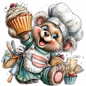 12 PNG Baker Bear Clipart, Chef Cupcake Illustration Bakery Sublimation ...