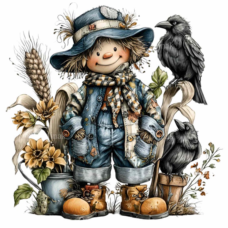15 PNG Scarecrow Fall Harvest Crow Illustration, Autumn Garden - Etsy