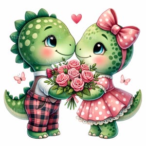 10 Romantic Dinosaur Couple PNG Clipart, Cute Dino With Roses Digital ...