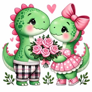 10 Romantic Dinosaur Couple PNG Clipart, Cute Dino With Roses Digital ...