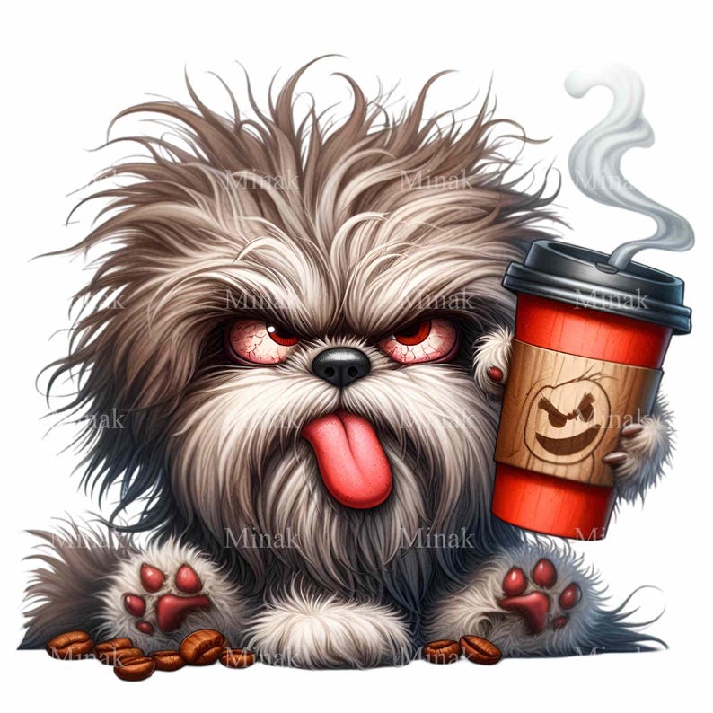 10 Grumpy Dog With Coffee PNG Clipart, Tired Pup in Pajamas Holding Mug ...