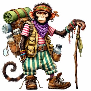 15 Hiking Monkey PNG Clipart: Adventurous Monkey With Backpack, Walking ...
