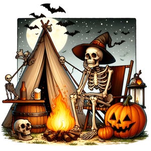Skeleton Camping Halloween Clipart PNG 14 Spooky Campfire Scene With ...