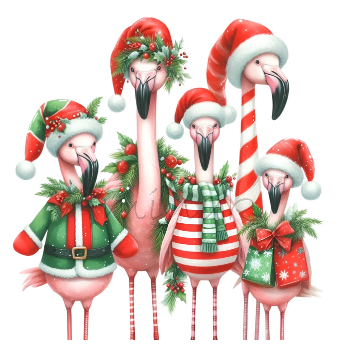 Christmas Flamingos Clipart, 12 Festive Holiday Flamingo PNG, Santa and ...