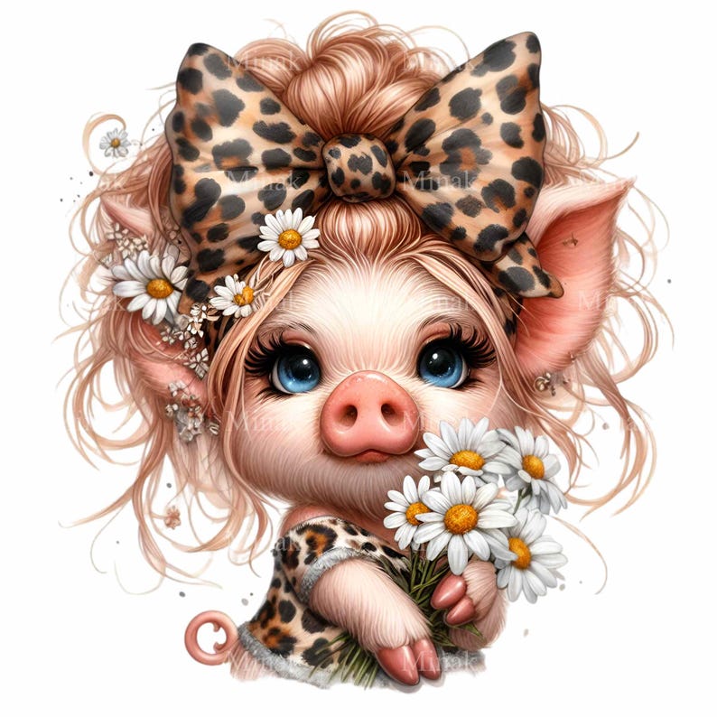 12 Cute Pig PNG Clipart, Adorable Piglet With Leopard Bow and Daisies ...