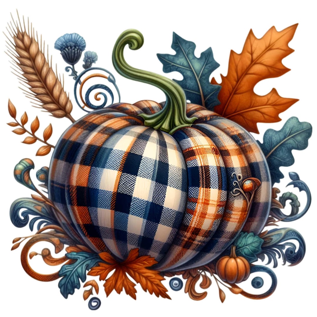 Plaid Pumpkin Clipart With Autumn Leaves and Wheat, Rustic Fall Decor ...