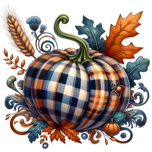 10 Colorful Plaid Pumpkin PNG Clipart, Blue and Orange Patchwork Fall ...