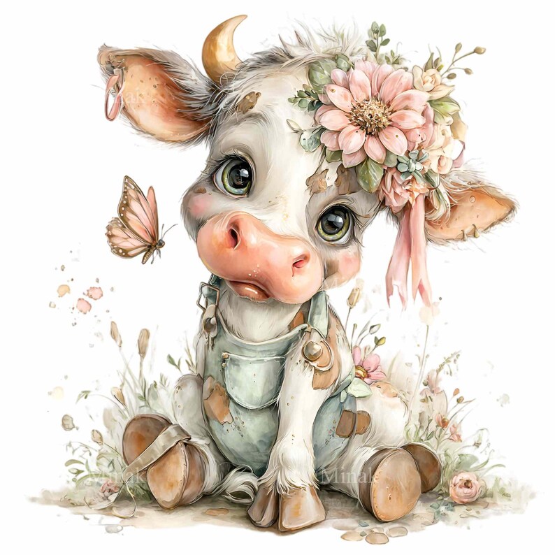 16 PNG Baby Cow , Floral Calf Clipart With Overalls, Spring Farm Animal ...