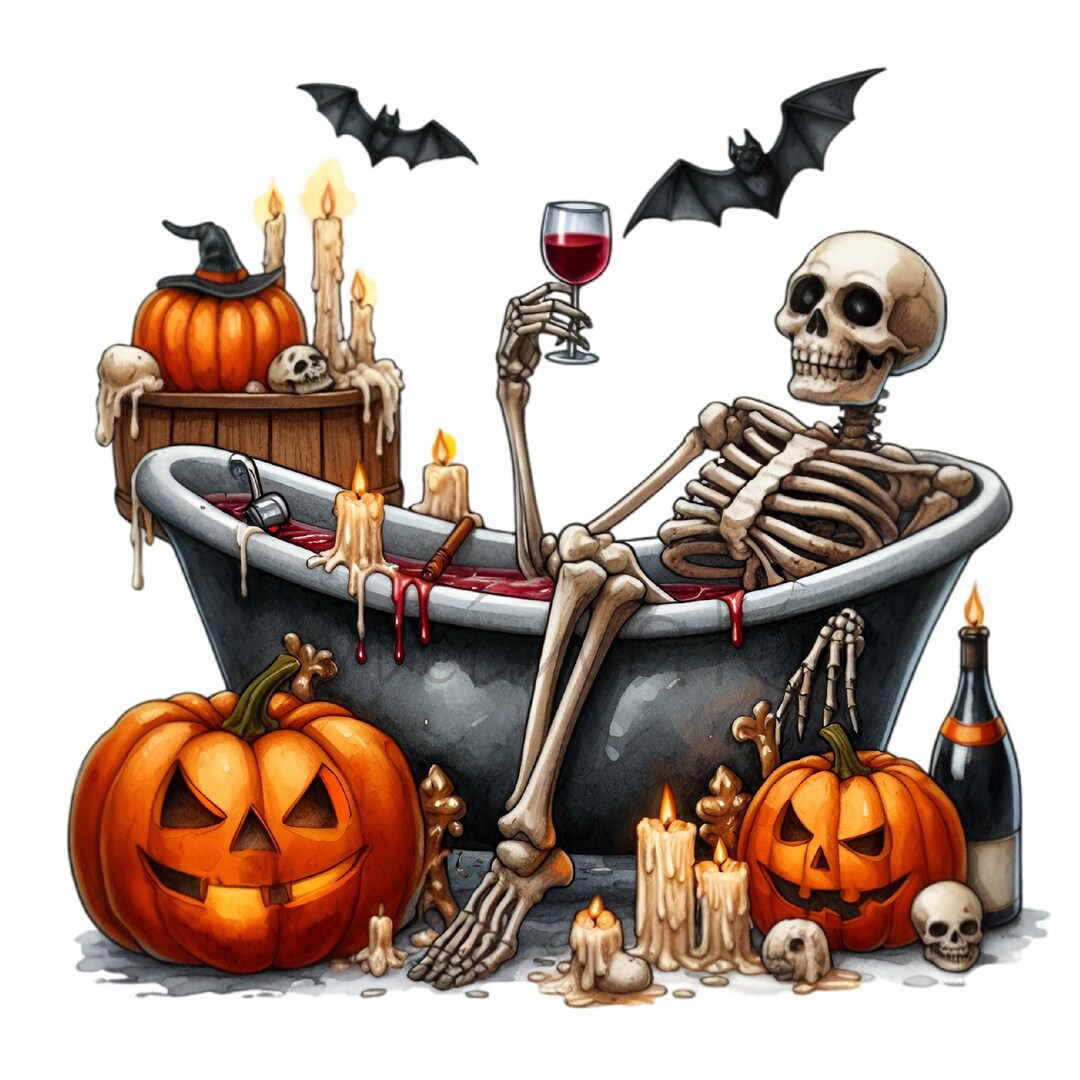 14 Funny Skeleton in Bathtub PNG Clipart, Halloween Scene With Pumpkins ...