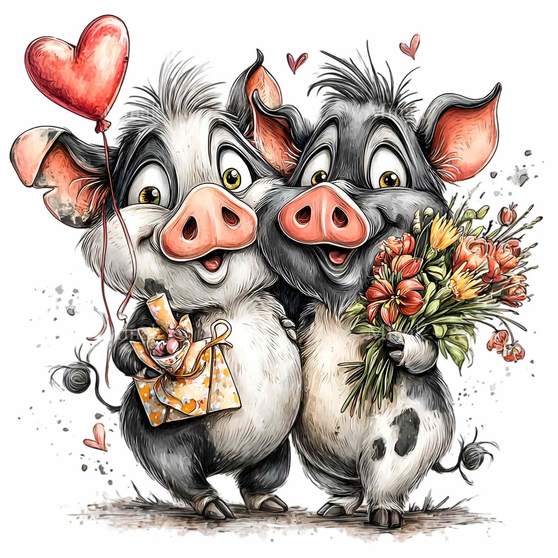 15 PNG Valentine Pigs Clipart – Couple Art With Flowers and Balloon for ...
