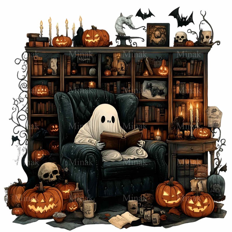 10 PNG Ghost Reading Clipart – Spooky Halloween Library PNG – Cute ...