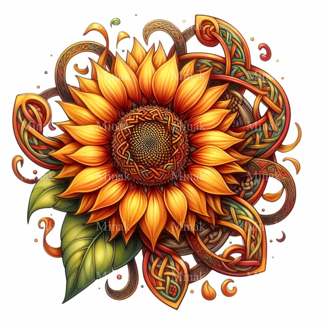 15 PNG Celtic Sunflower Clipart, Knotwork Floral Sublimation, Irish ...