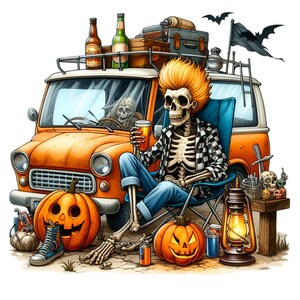 Spooky Skeleton Camper Clipart PNG 12 Halloween Road Trip With Pumpkin ...