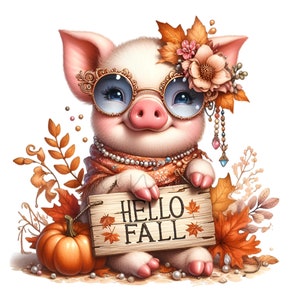 Fall Pig Clipart PNG - 10 Cute Pig With Glasses, Scarf, and 'hello Fall ...