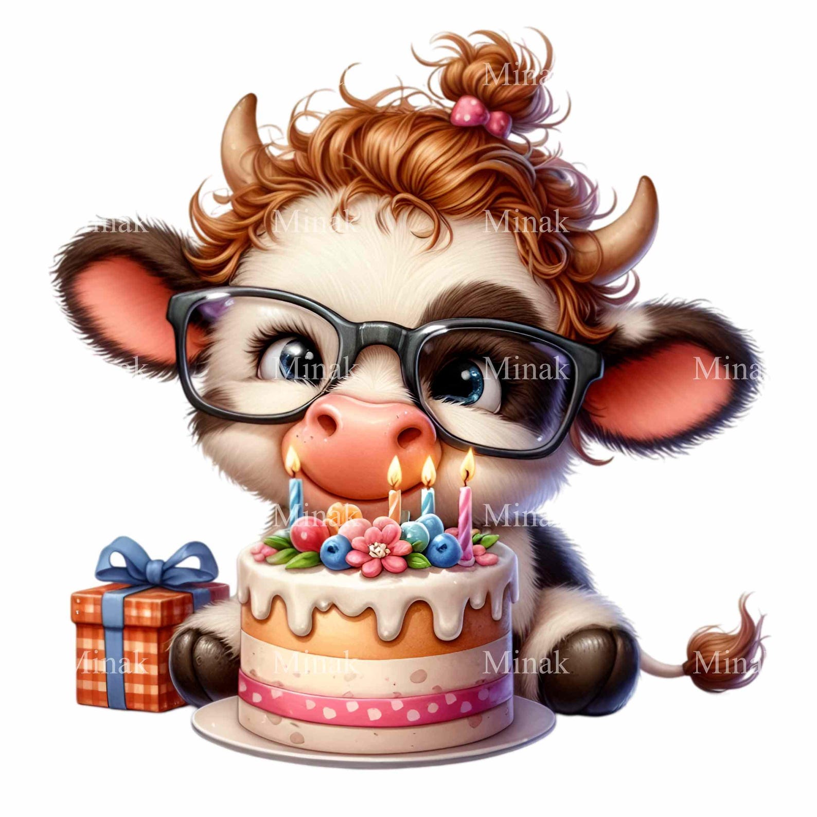 12 PNG Birthday Cow Clipart, Messy Bun Heifer Sublimation, Cake Party ...