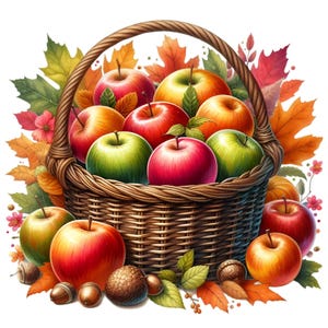 Autumn Apple Basket Clipart PNG, 12 Rustic Fall Harvest Illustration ...