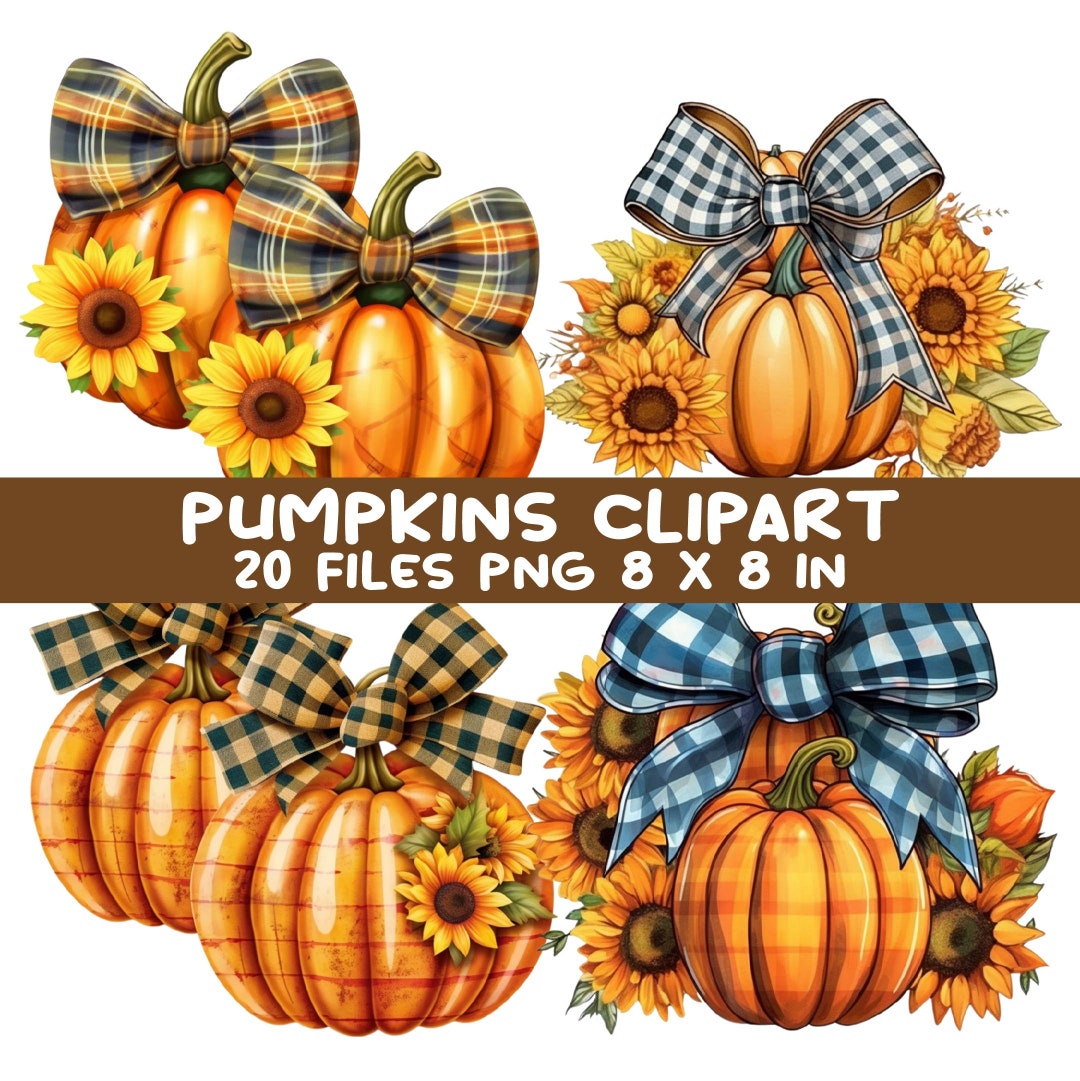 Decorated Pumpkin Clipart Bundle 20 PNG Bow Pumpkin Watercolor ...