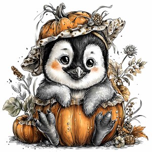 14 PNG Fall Animal Clipart – Pumpkin Penguin PNG – Cute Halloween Bird ...