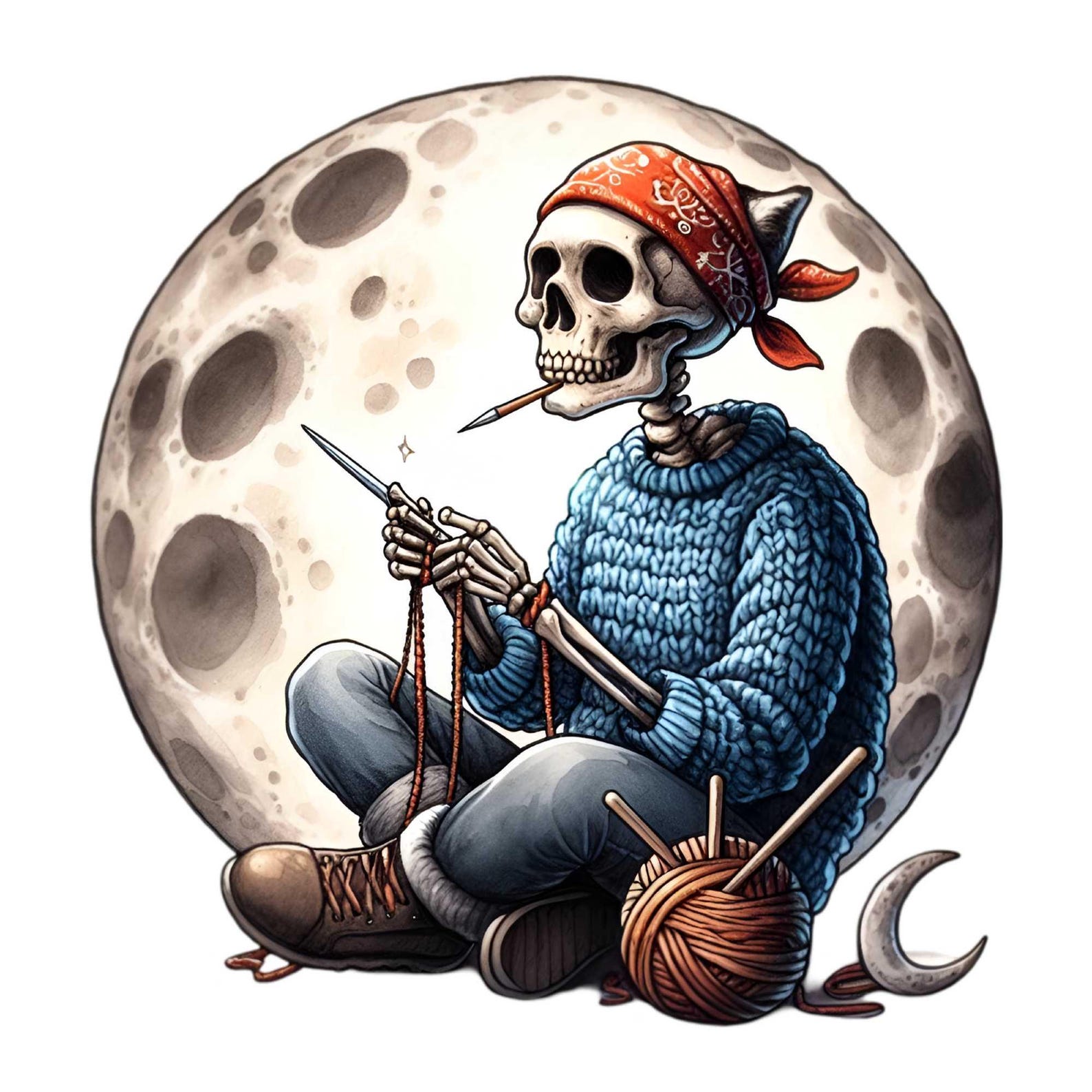 Knitting Skeleton on Crescent Moon Clipart PNG 14 Spooky Crafting in ...