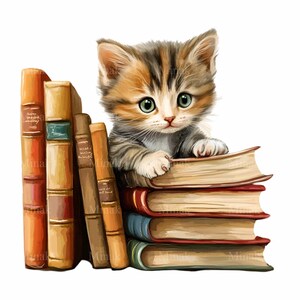 14 Kitten in Bookshelf PNG Clipart – Cute Library Cat With Vintage ...