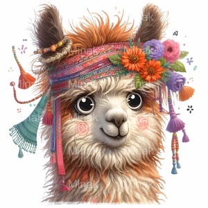 Quirky Floral Alpaca Clipart, 12 PNG Cute Watercolor Llama Art, Digital ...